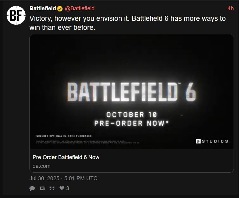 Battlefield 6 October 10 Release Date Leaks from Official X Account